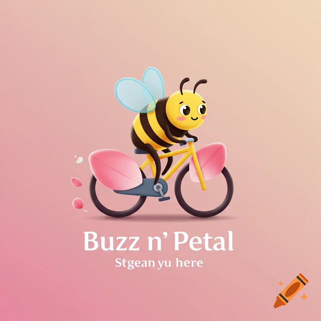 Cartoon illustration of a bee riding a yellow bicycle with pink petal ...