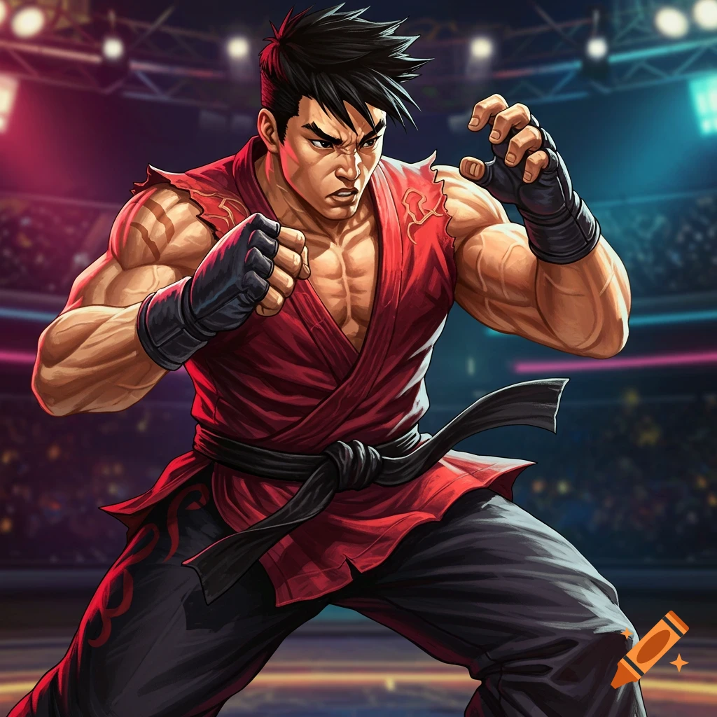 A large group of muscular male and one female fighting game characters ...