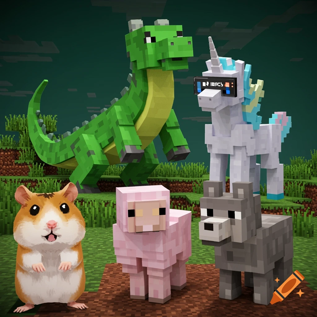 Minecraft pixel art of baby hamster, wolf, pink sheep, adult green ...