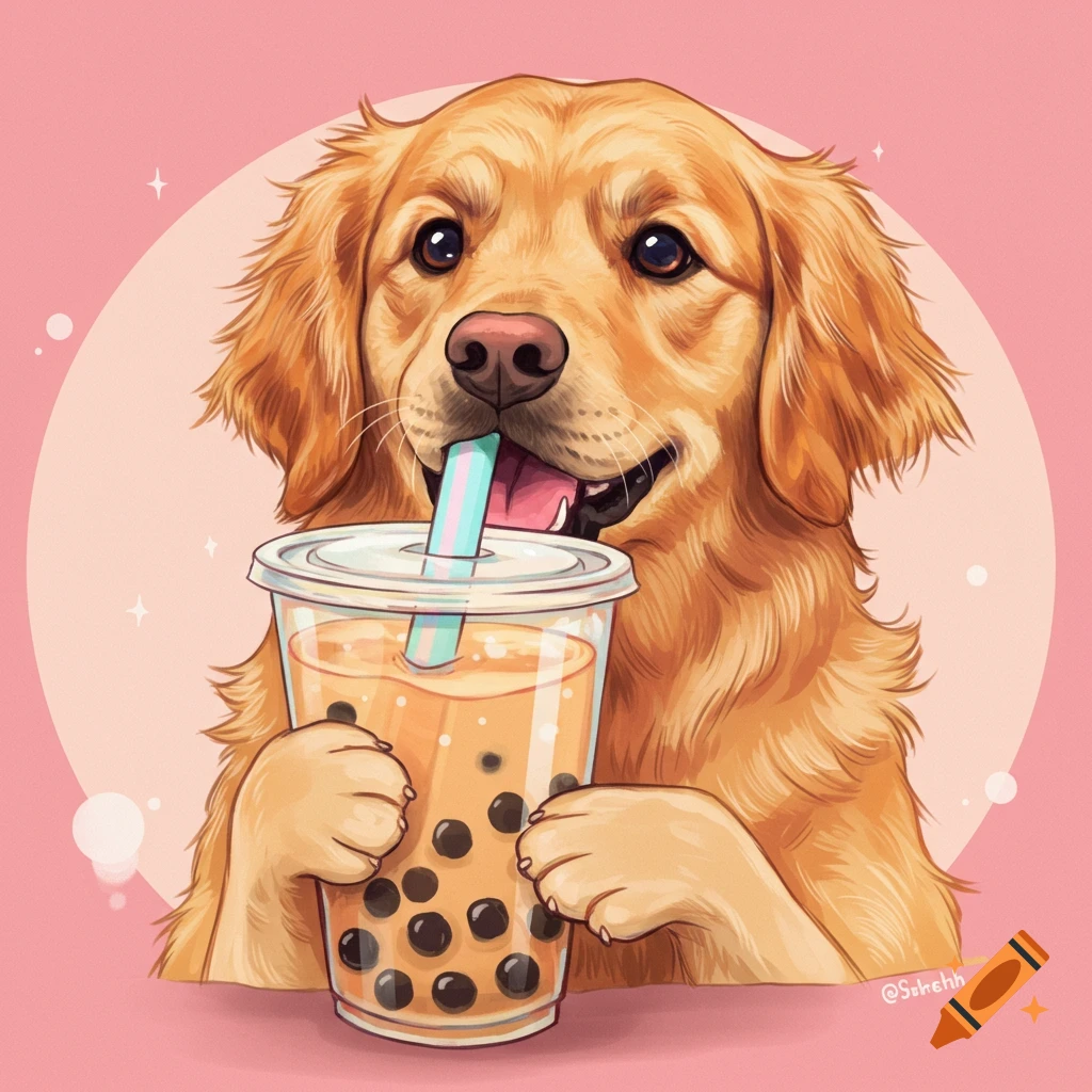 An illustration of a golden retriever dog drinking boba tea. on Craiyon