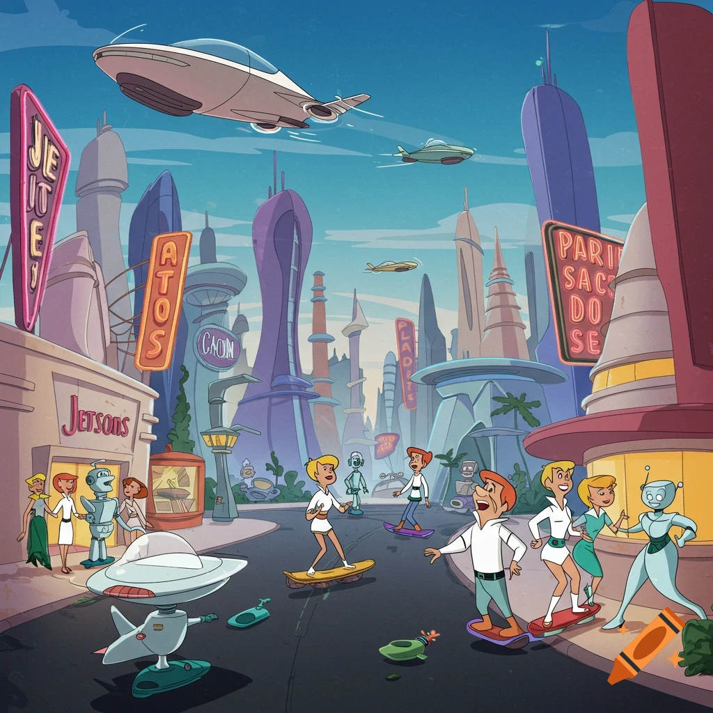 Cartoon illustration of a futuristic city with flying cars, characters ...