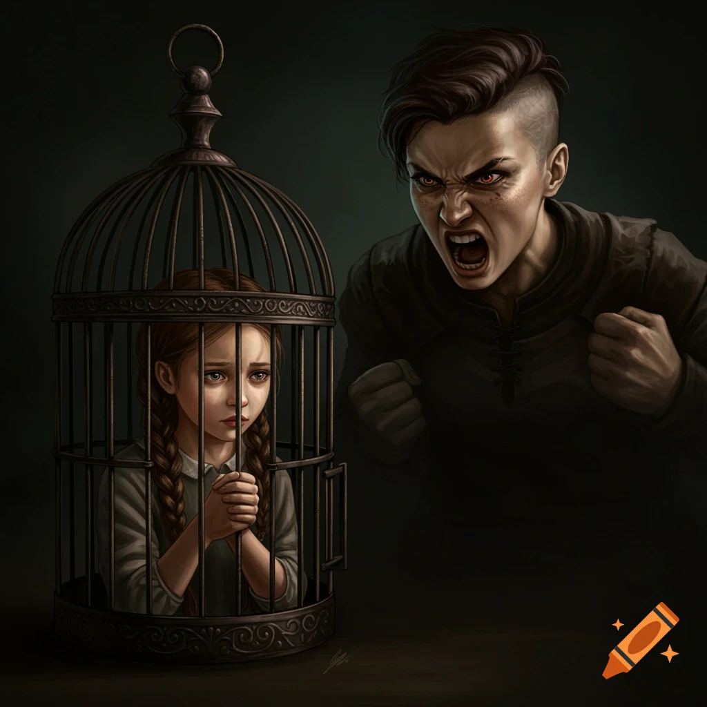 A girl in a cage observed by an angry woman on Craiyon