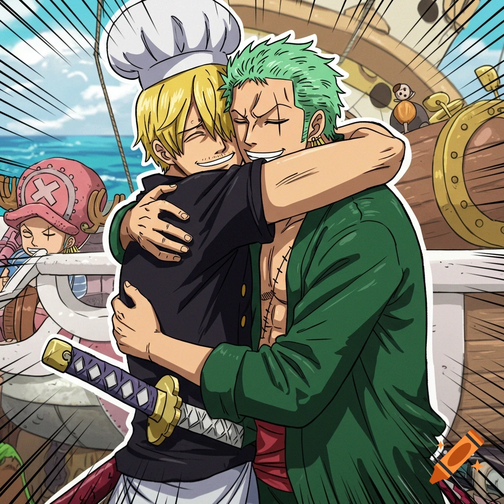 Anime style illustration of Monkey D. Luffy and Sabo flanking a pink ...