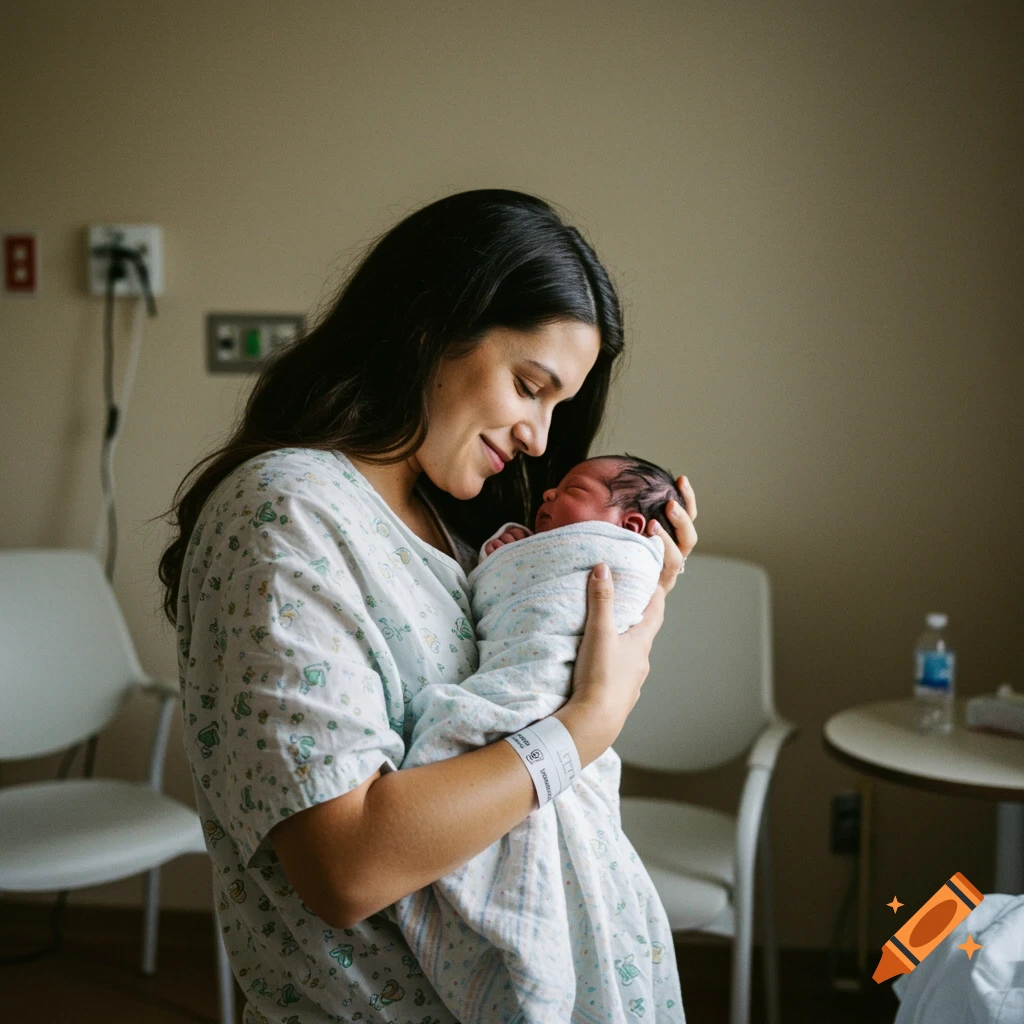 A mother holds her newborn baby wrapped in a blanket in a hospital room. on Craiyon