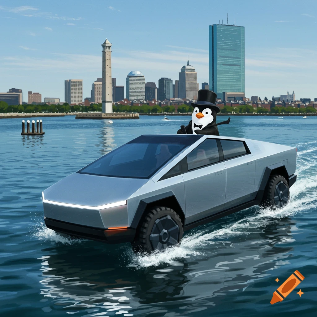 Penguin driving a Tesla Cybertruck into Boston Harbor on Craiyon