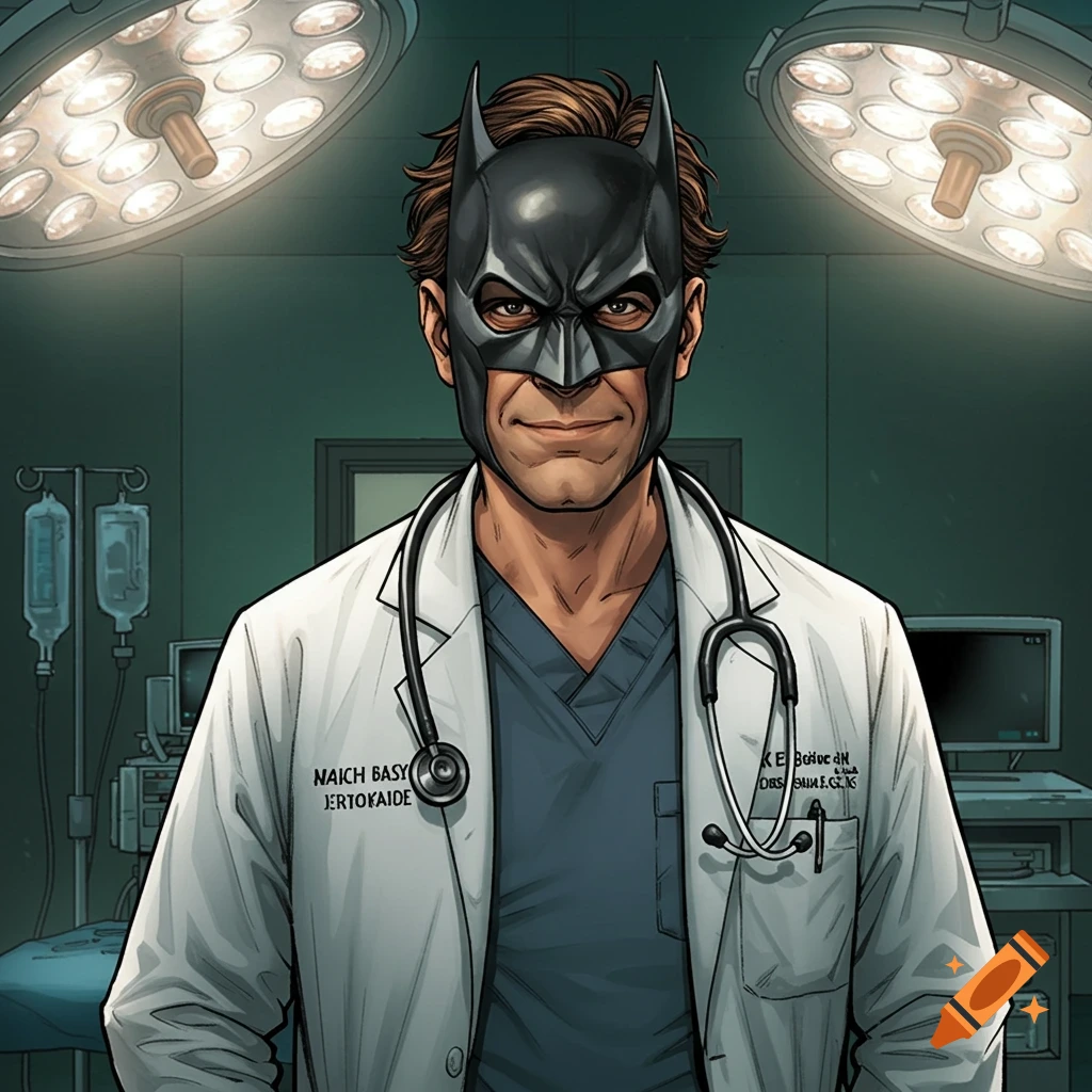 A doctor wearing a Batman mask in an operating room. Comic book style ...