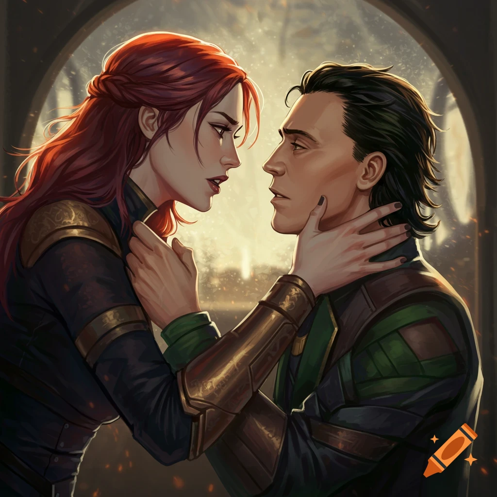 Dramatic illustration of a red-haired woman holding a man's face and ...