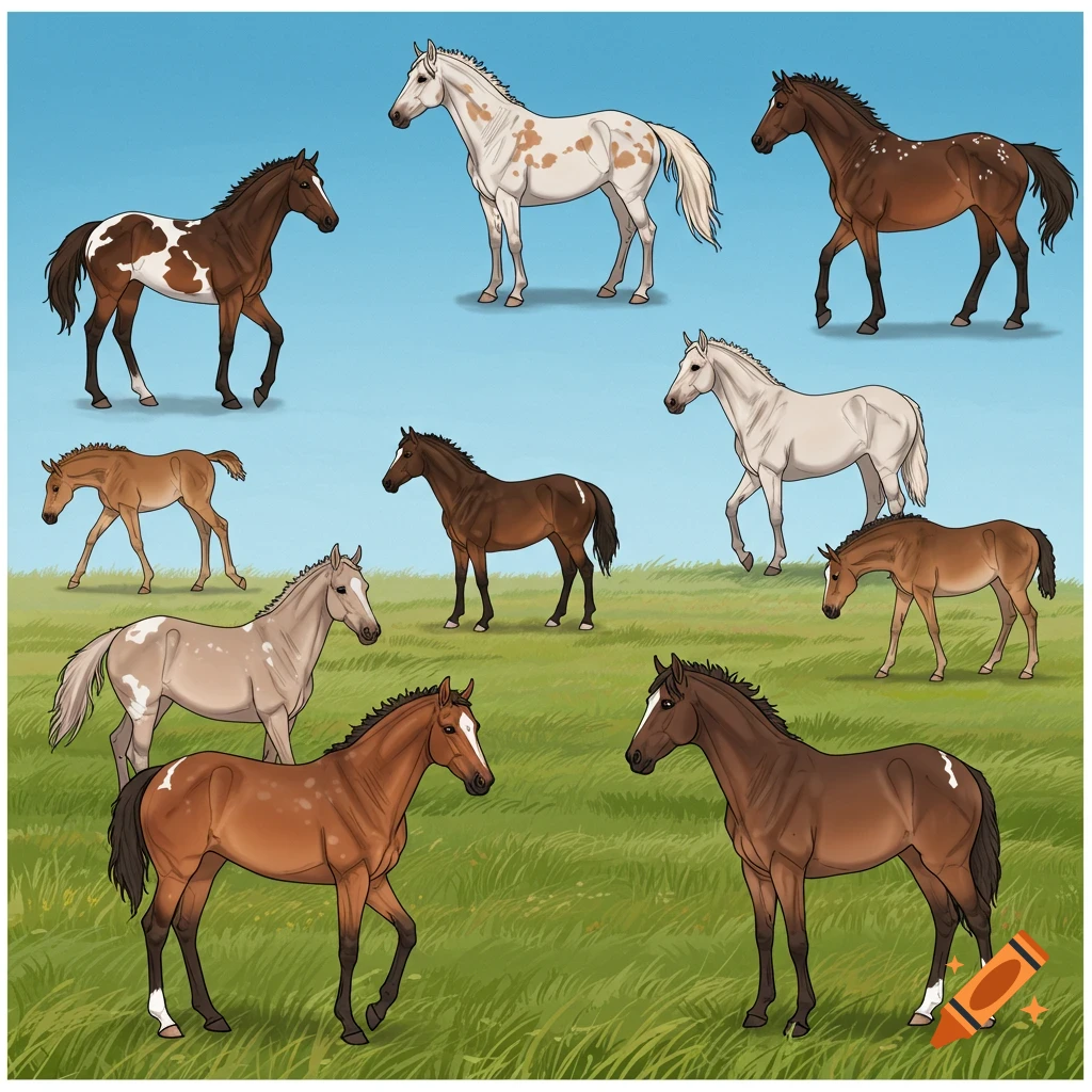 Illustration of several horses with different coat colors standing and ...