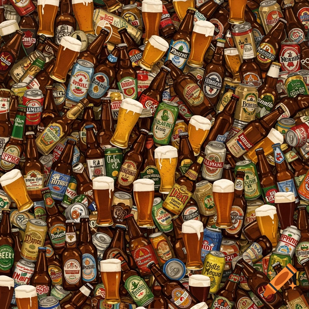 A dense, overhead view of many beer bottles, cans, and glasses piled ...