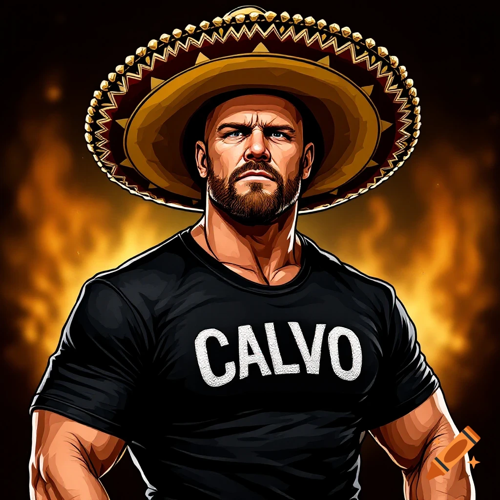 Stone Cold Steve Austin cartoon wearing sombrero and Calvo shirt on Craiyon