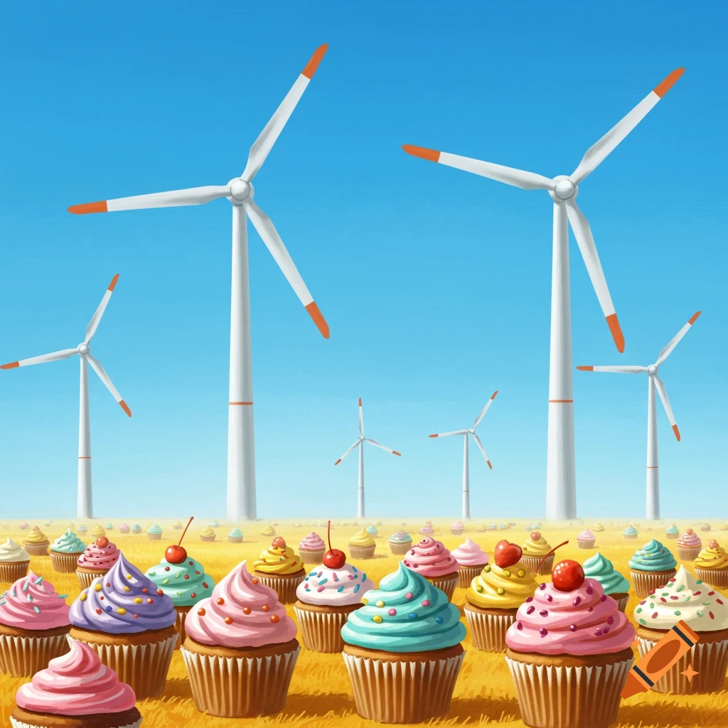 Illustration of windmills in a field with numerous cupcakes in the ...