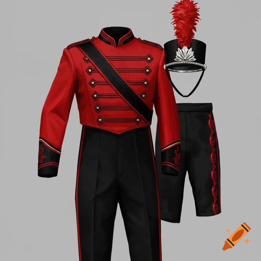 A red and black marching band uniform with a feathered hat. on Craiyon