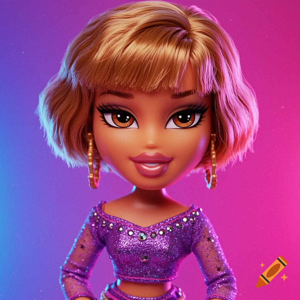Bratz doll with purple outfit and brown hair on Craiyon