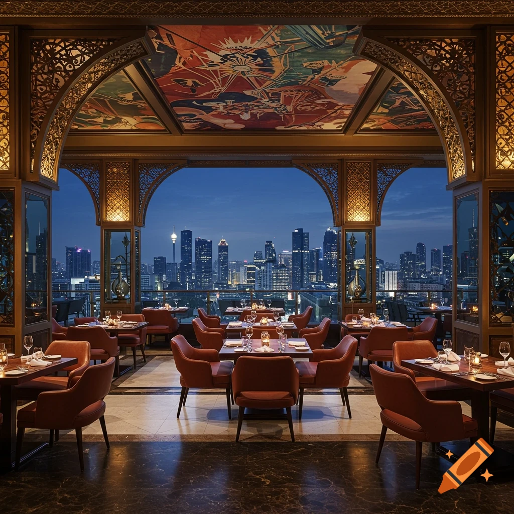 A high-end rooftop restaurant overlooking a city skyline at night, with ...