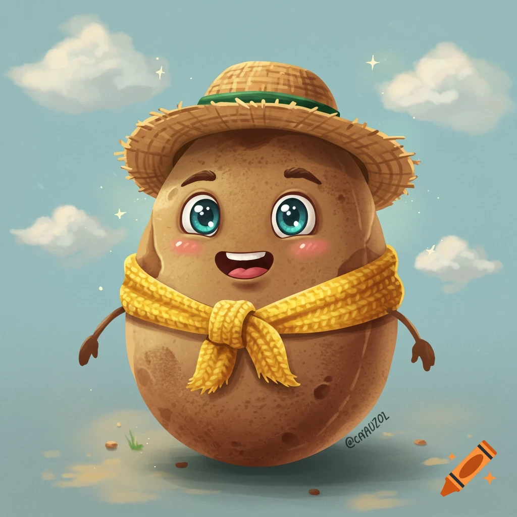 A cute, round, potato-like creature wearing a chef hat walks on a path ...