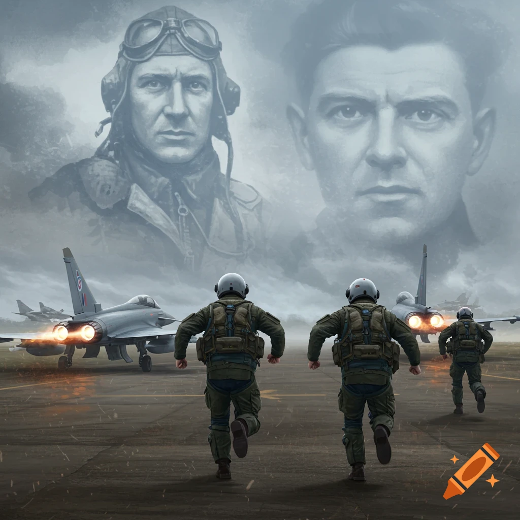 Pilots run towards fighter jets on a runway, with ghostly images of WWII pilots in the sky. on ...