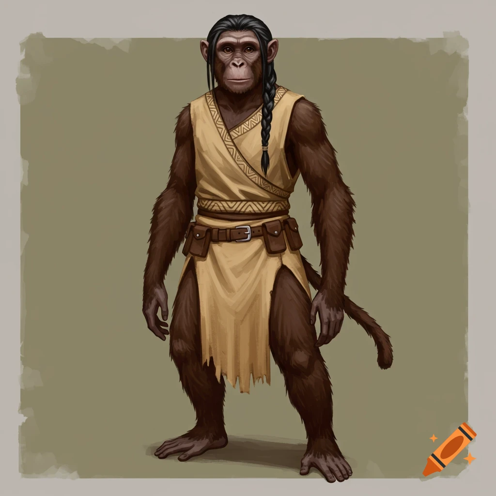 Humanoid monkey with braided hair and natural fiber clothing on Craiyon