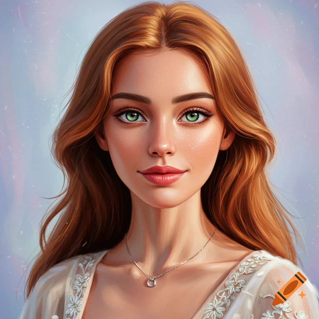 Image of a beautiful young woman with red hair and green eyes wearing a white dress. on Craiyon