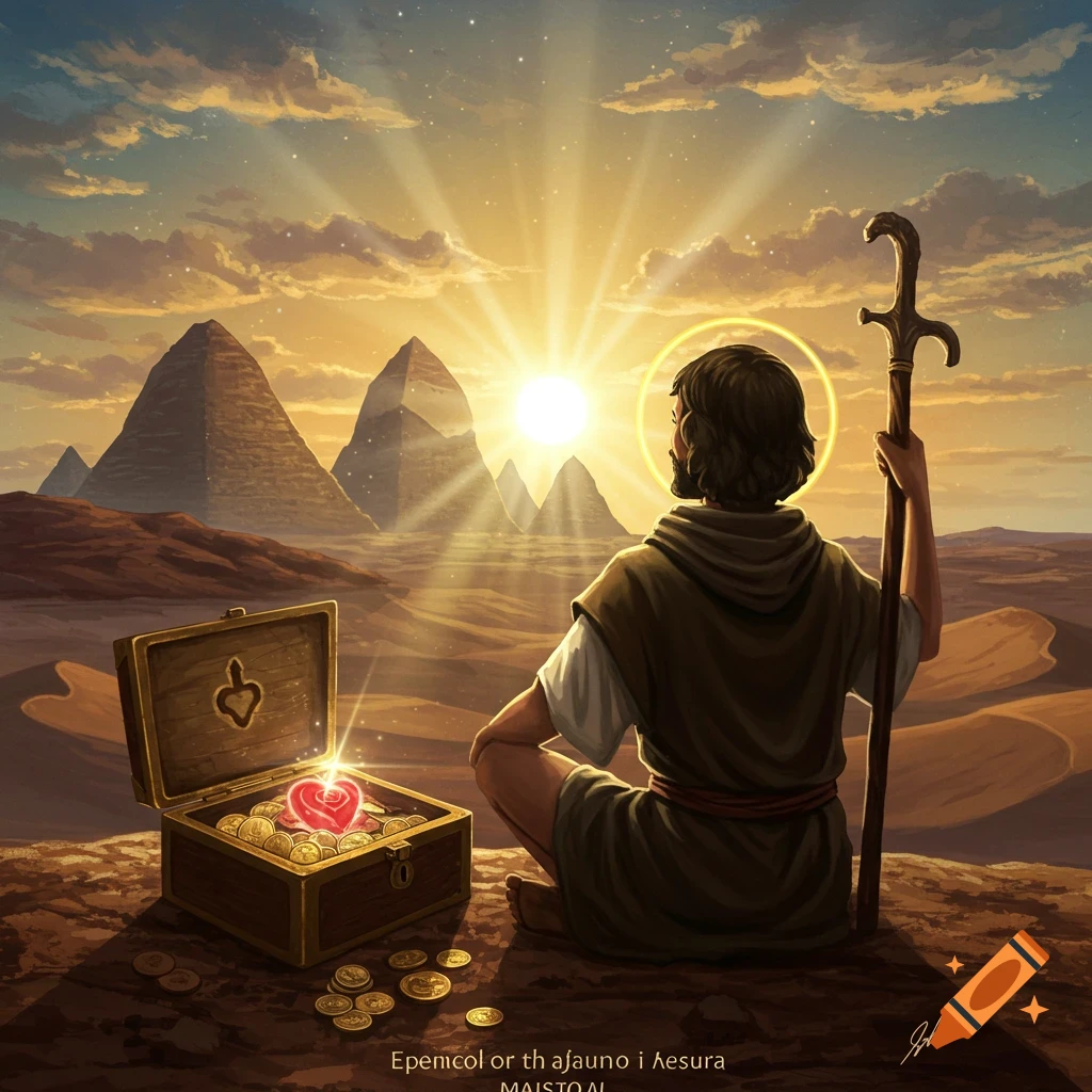 Santiago looking at the Pyramids of Egypt with a treasure chest ...