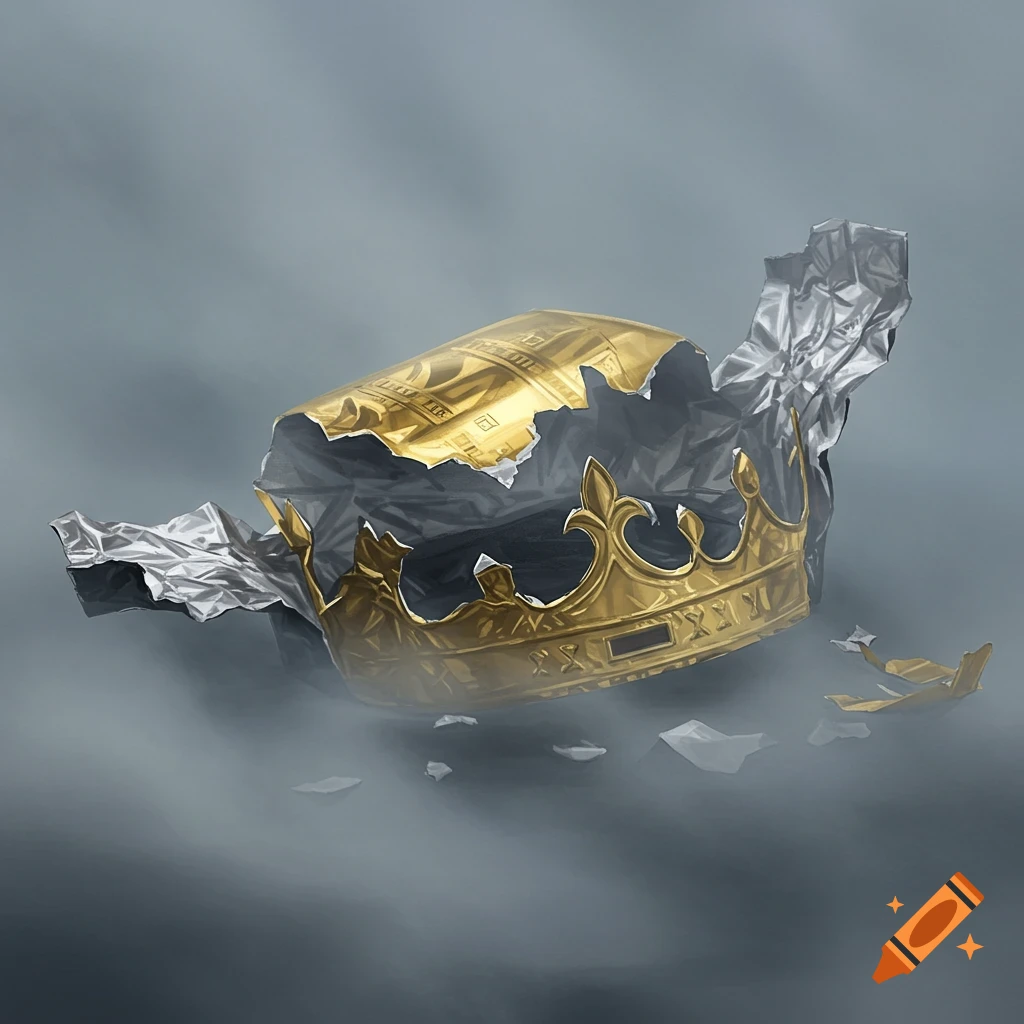 A shattered gold crown is wrapped in foil and rests on a misty surface ...