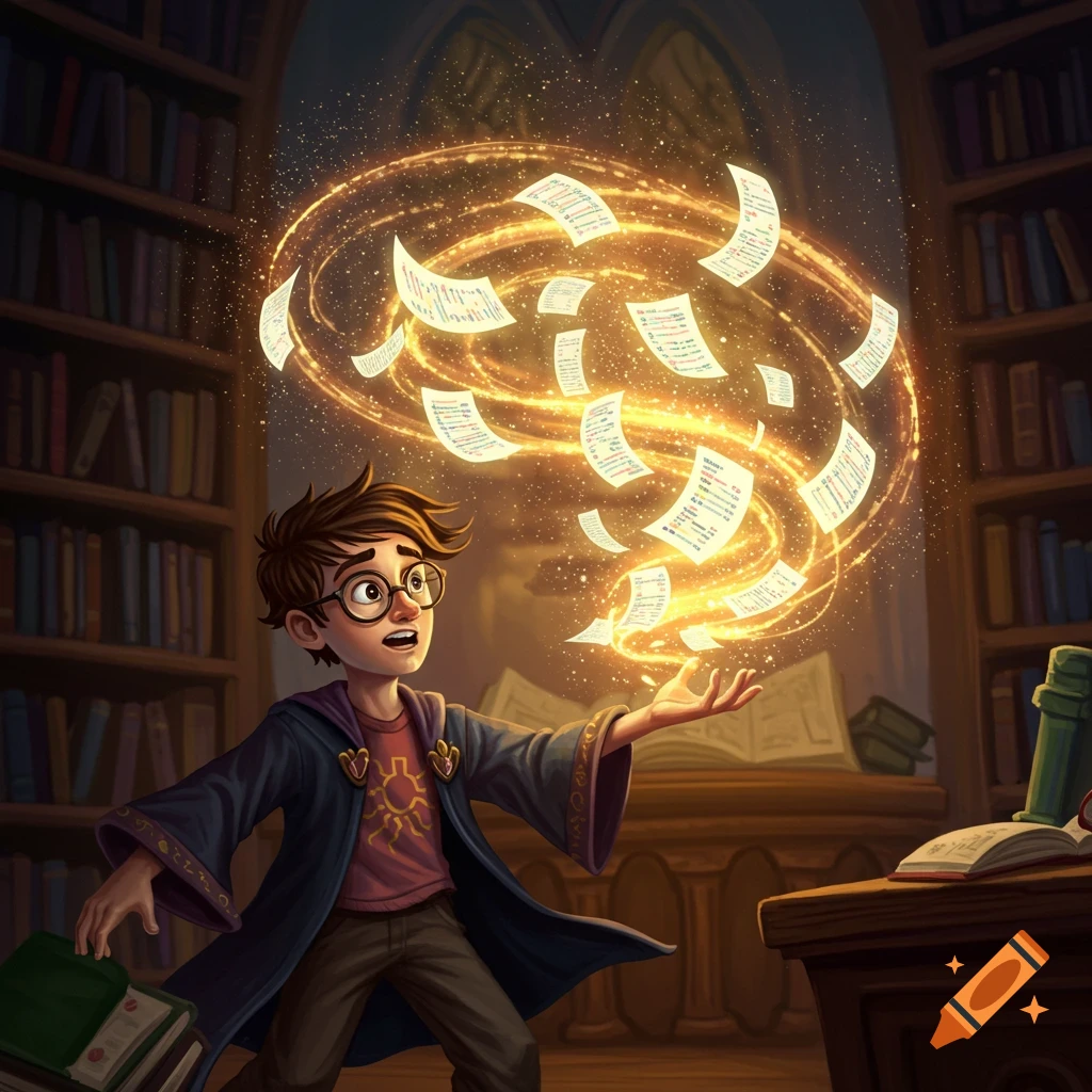 Cartoon illustration of a young wizard in a library using magic to ...