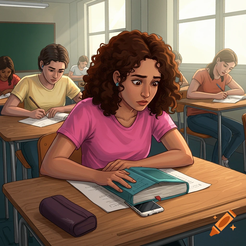 Student hiding phone during test on Craiyon