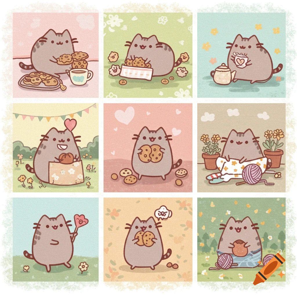 Grid of 9 cartoon illustrations of Pusheen the cat eating cookies ...