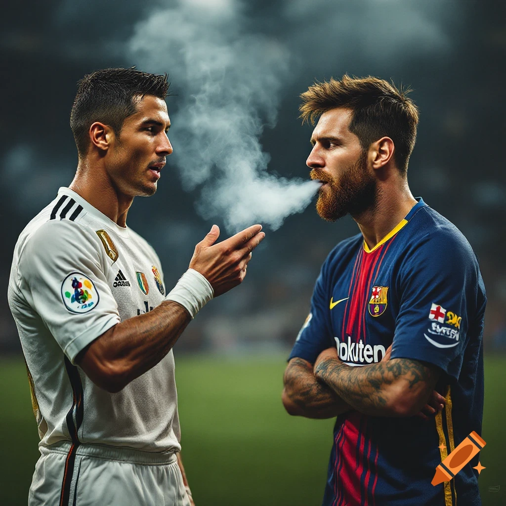 Photorealistic depiction of Cristiano Ronaldo and Lionel Messi facing ...