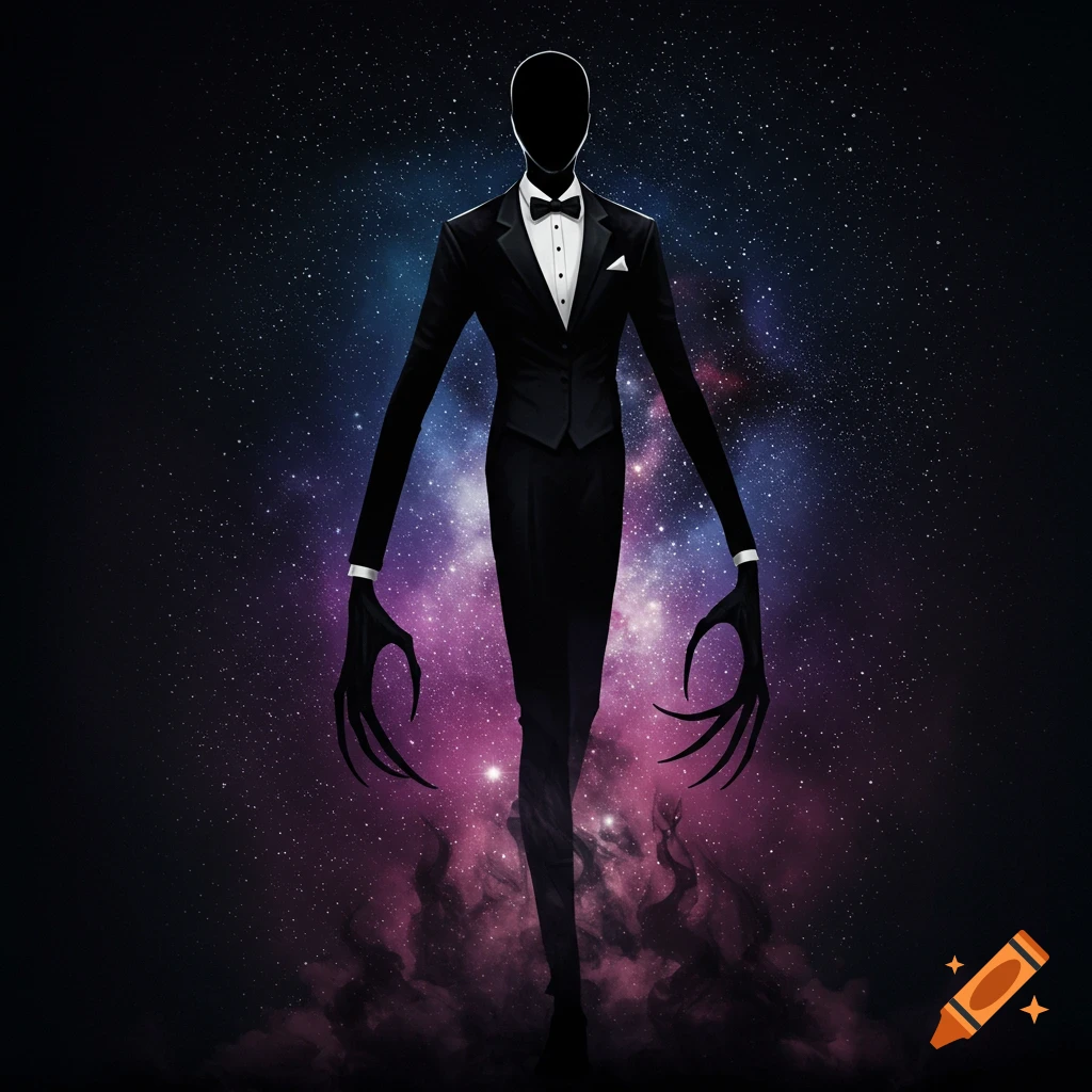 Slender faceless figure in a tuxedo with long clawed hands against a ...