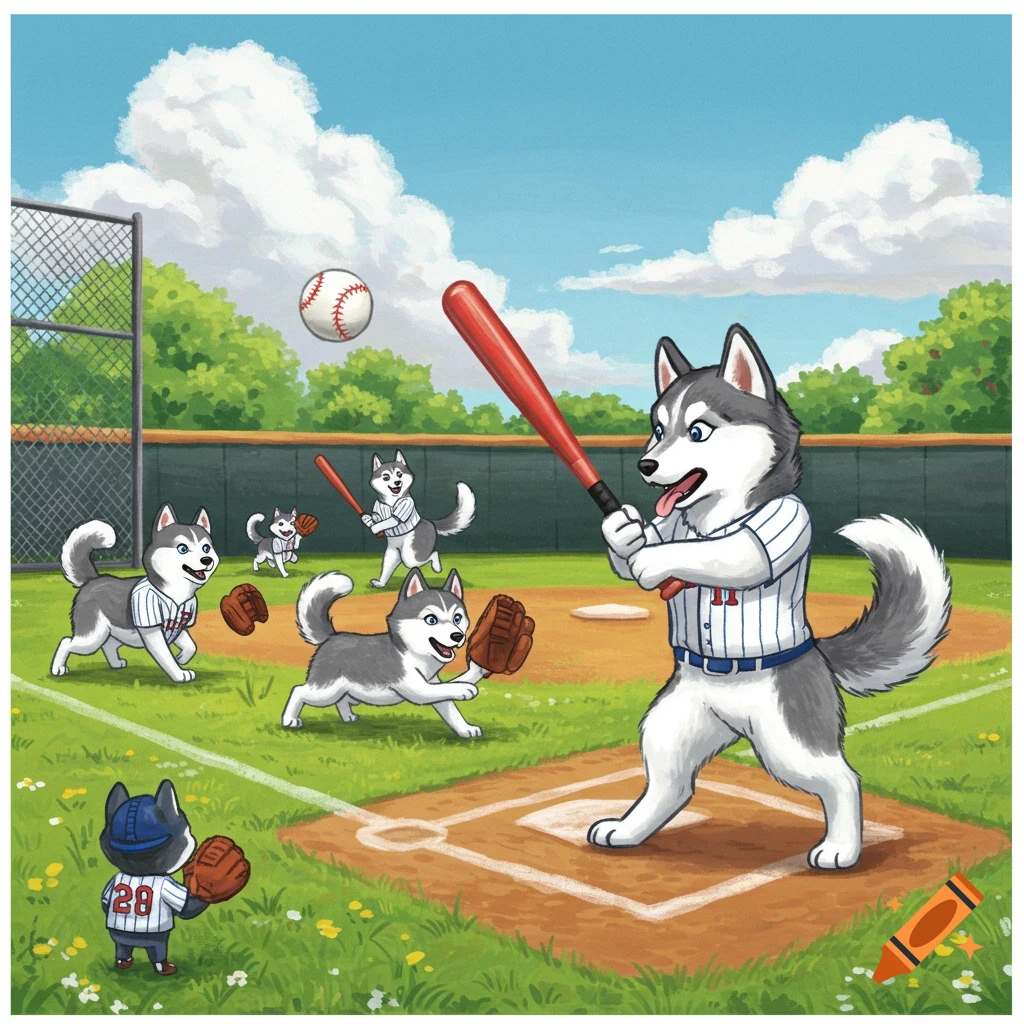 Illustration of cartoon husky dogs playing baseball on a field. on Craiyon