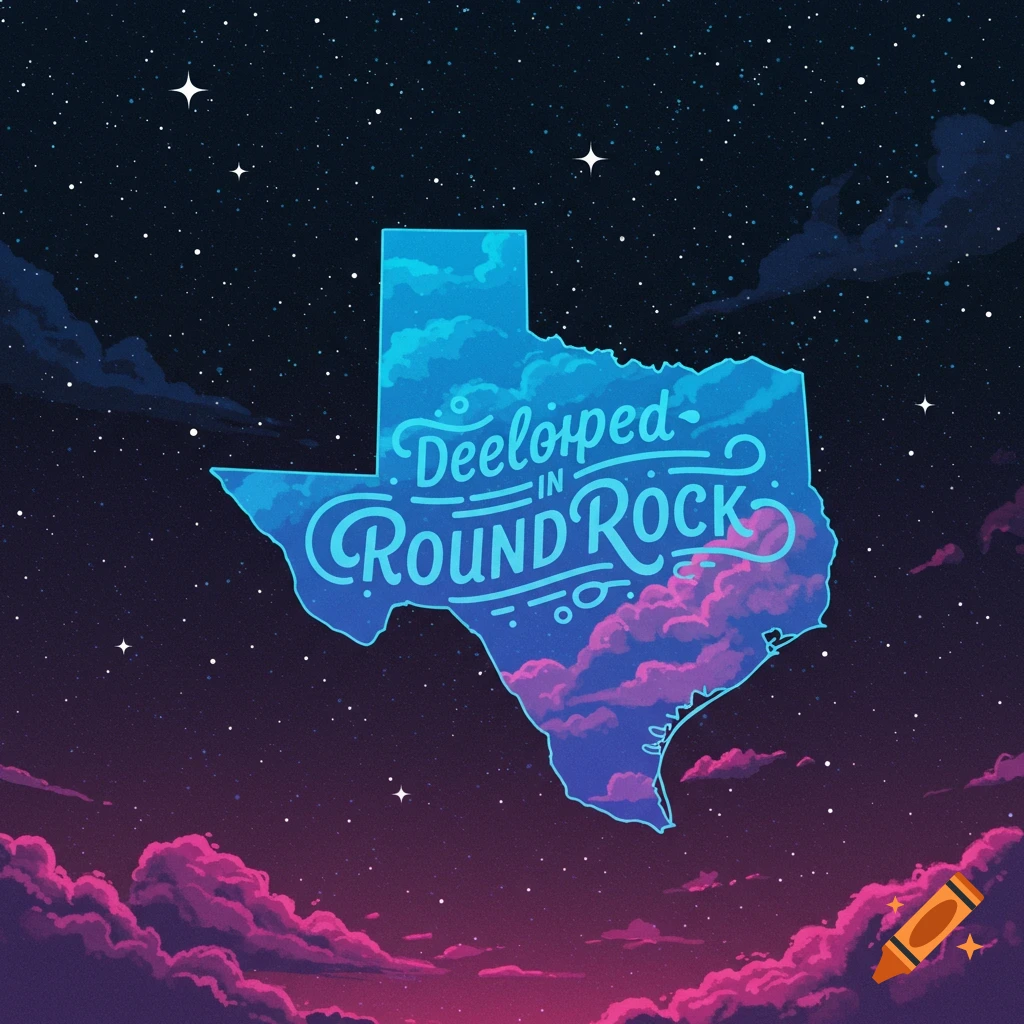Texas map outline with text 'Developed in Round Rock' on Craiyon