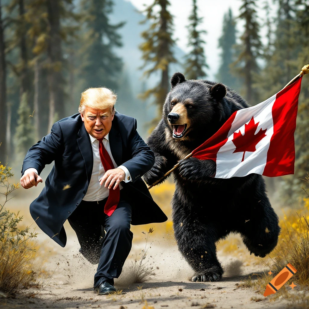 Donald Trump runs from a bear holding a Canadian flag in a forest. on ...
