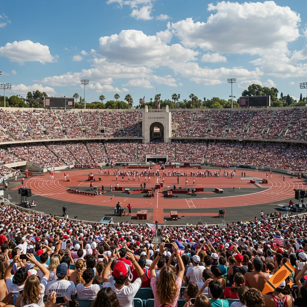 A crowded stadium filled with spectators watches a track and field ...