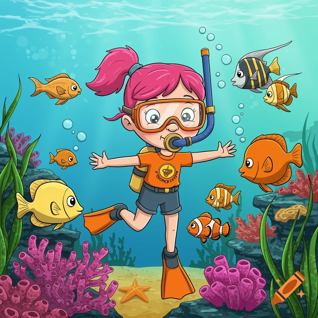 Cartoon illustration of a girl scuba diving with fish and coral. on Craiyon