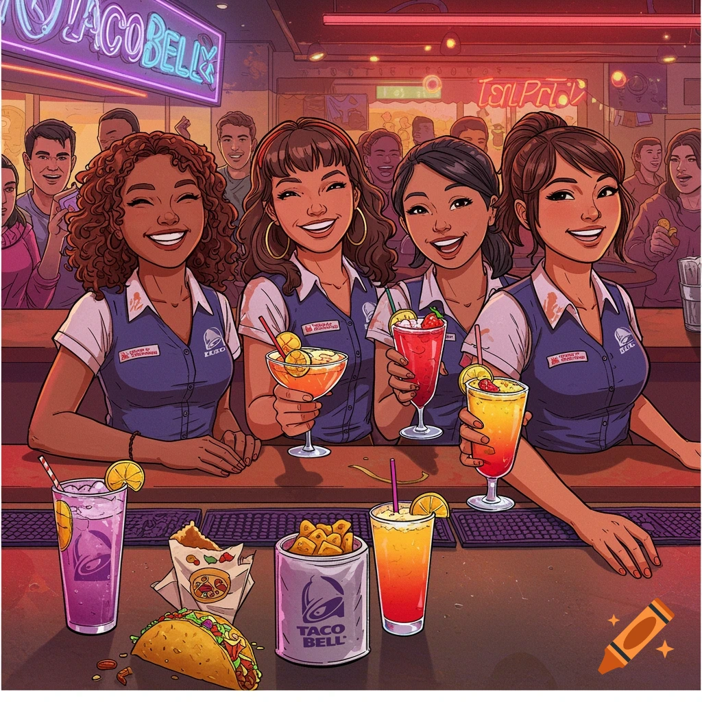 Cartoon illustration of four smiling women in uniform holding drinks at ...