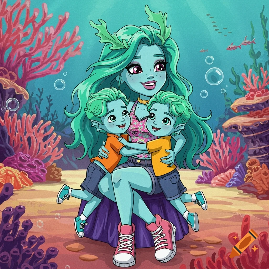 Cartoon illustration of a blue-skinned sea creature mother with green ...