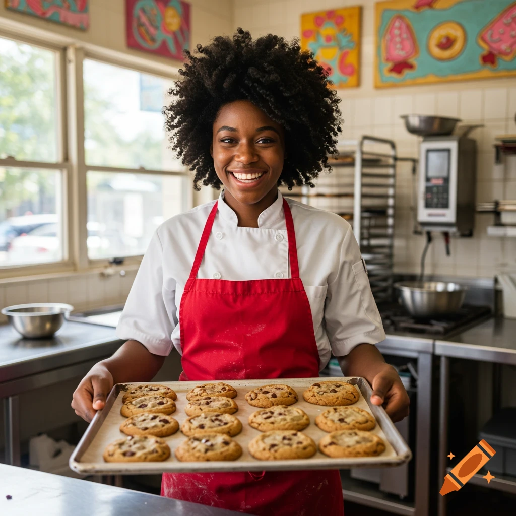 Happy Black woman holding chocolate chip cookies in a bright cookie ...