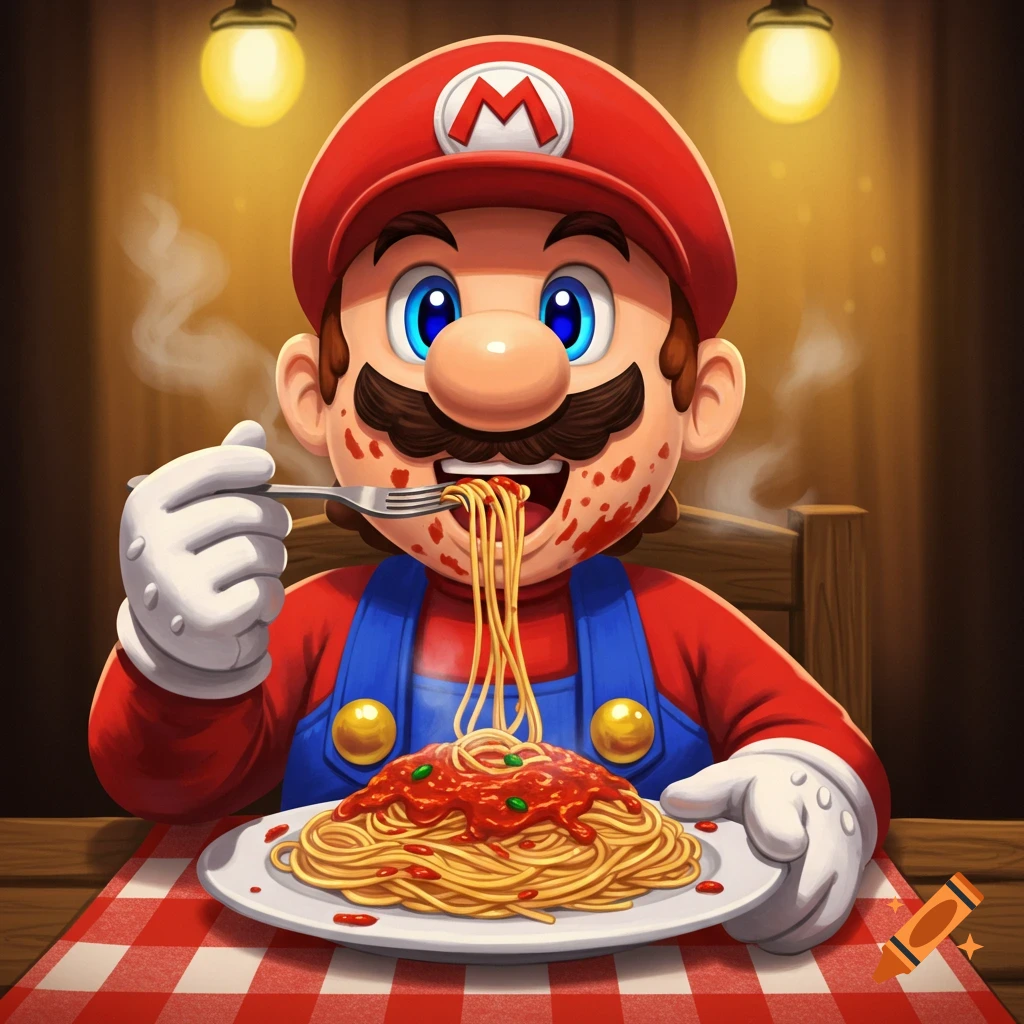 Mario enjoying spaghetti and meatballs on Craiyon