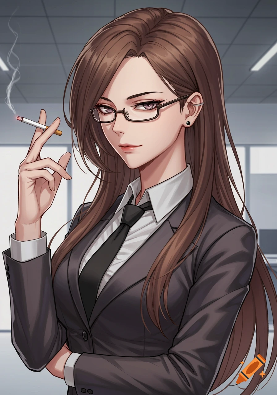 Anime-style business woman with glasses, long hair, and cigarette on ...