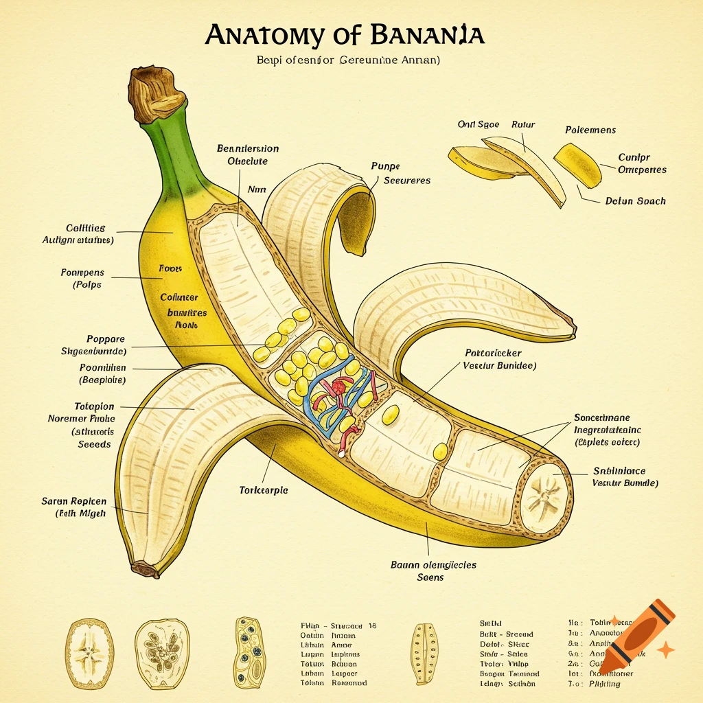 Anatomical poster of a banana with labeled parts on Craiyon