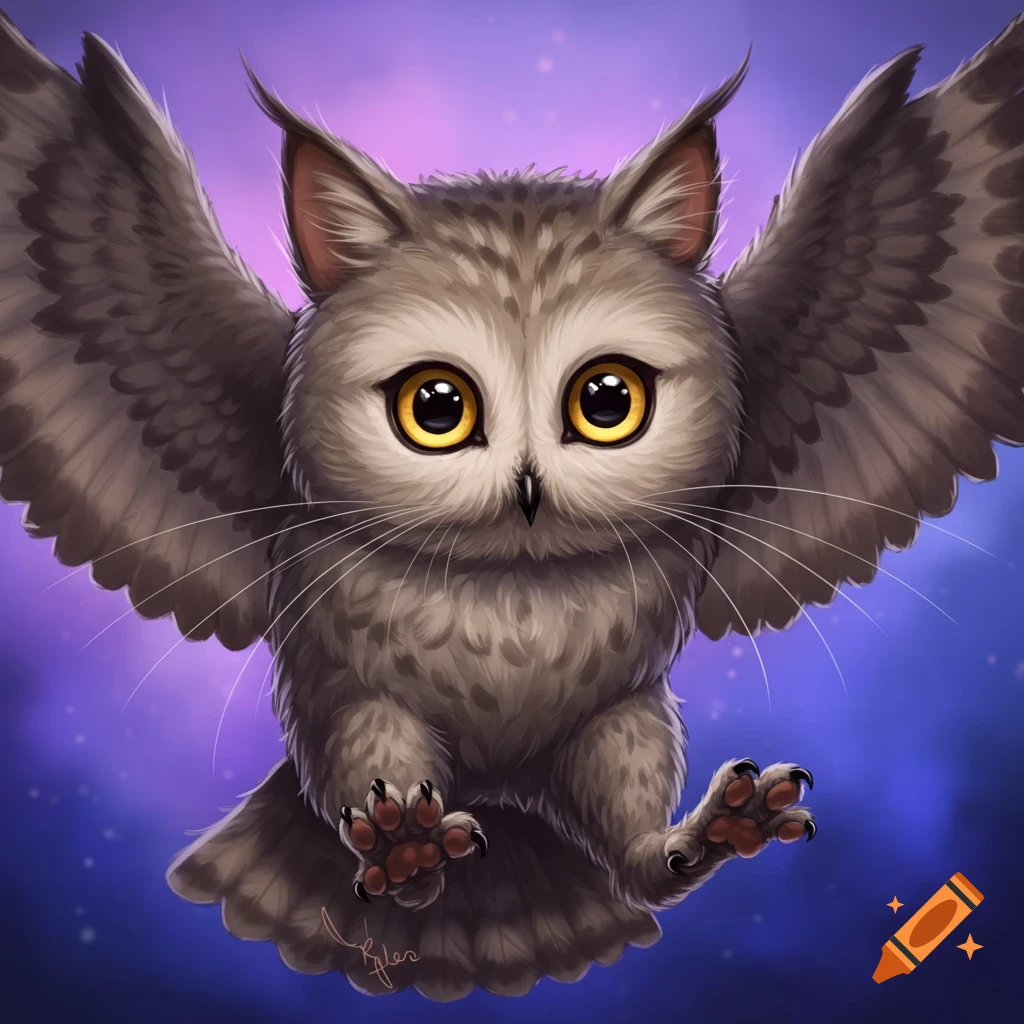 A fluffy, cat-like owl creature with large yellow eyes flies against a ...
