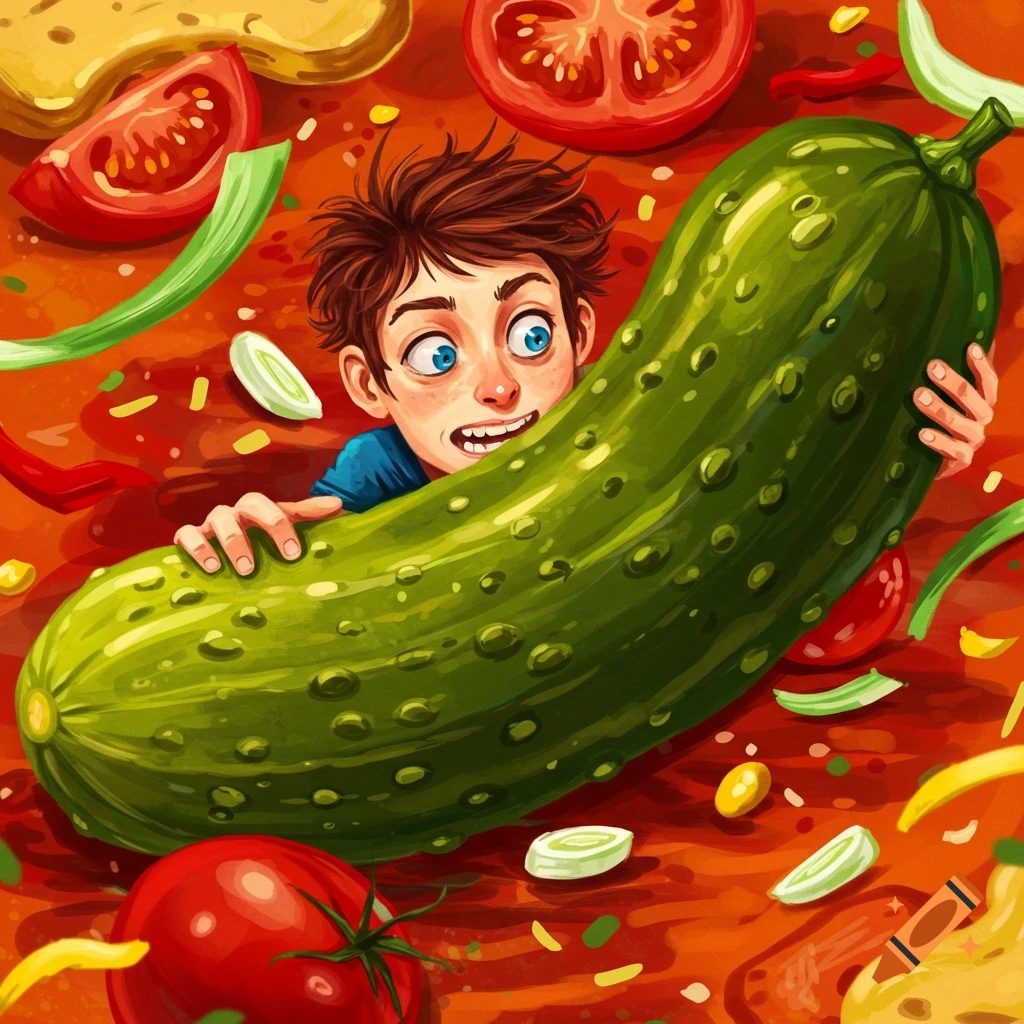 Illustration of a cartoon boy hugging a giant pickle among tomatoes and ...