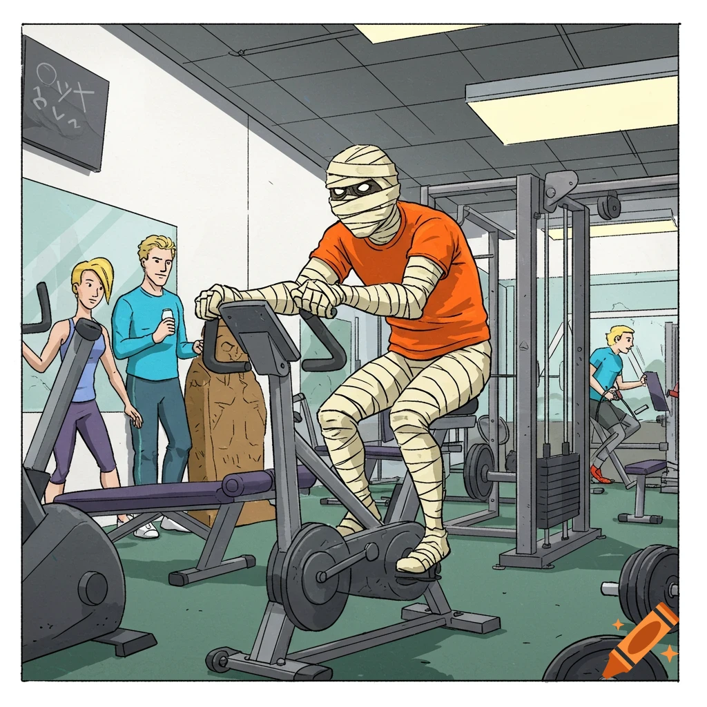 Illustration of a mummy on an exercise bike in a gym with other people ...