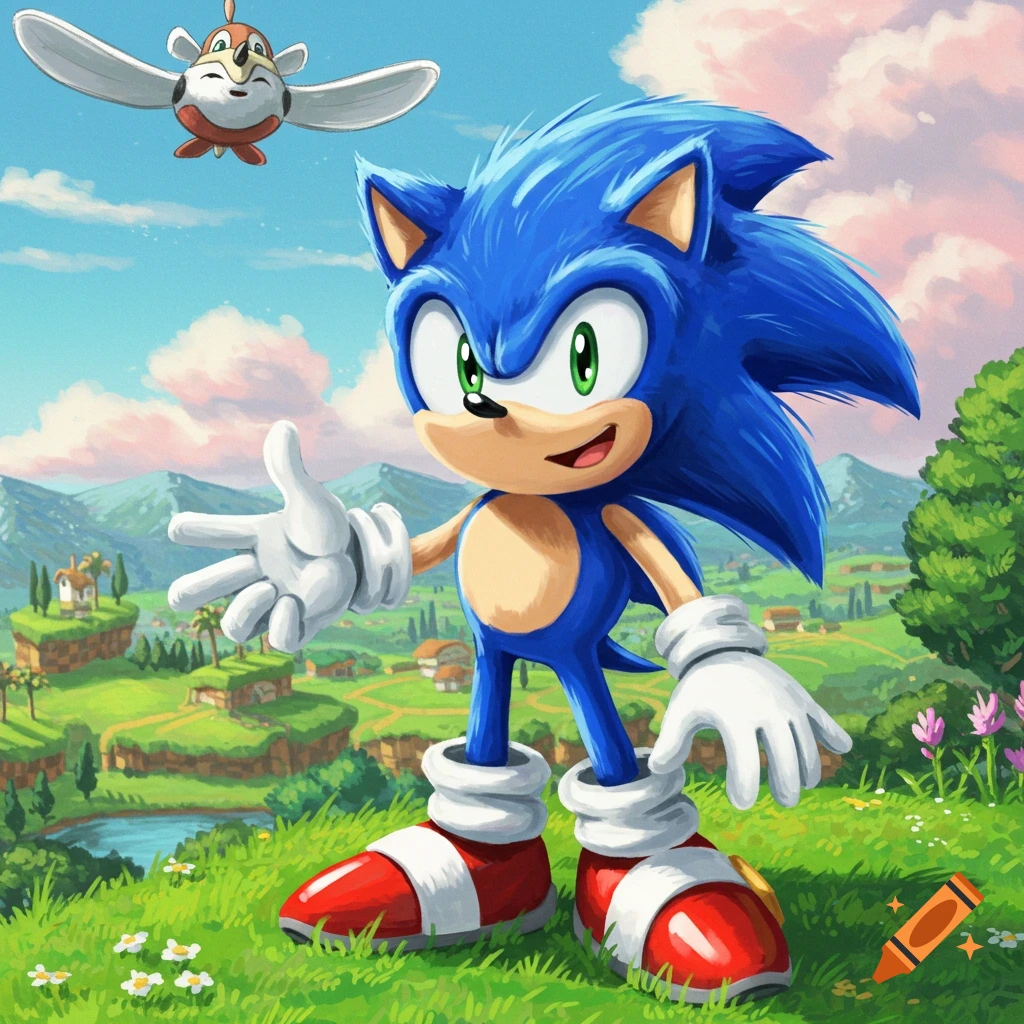 Tails the fox flies while carrying Knuckles the echidna over a lush ...