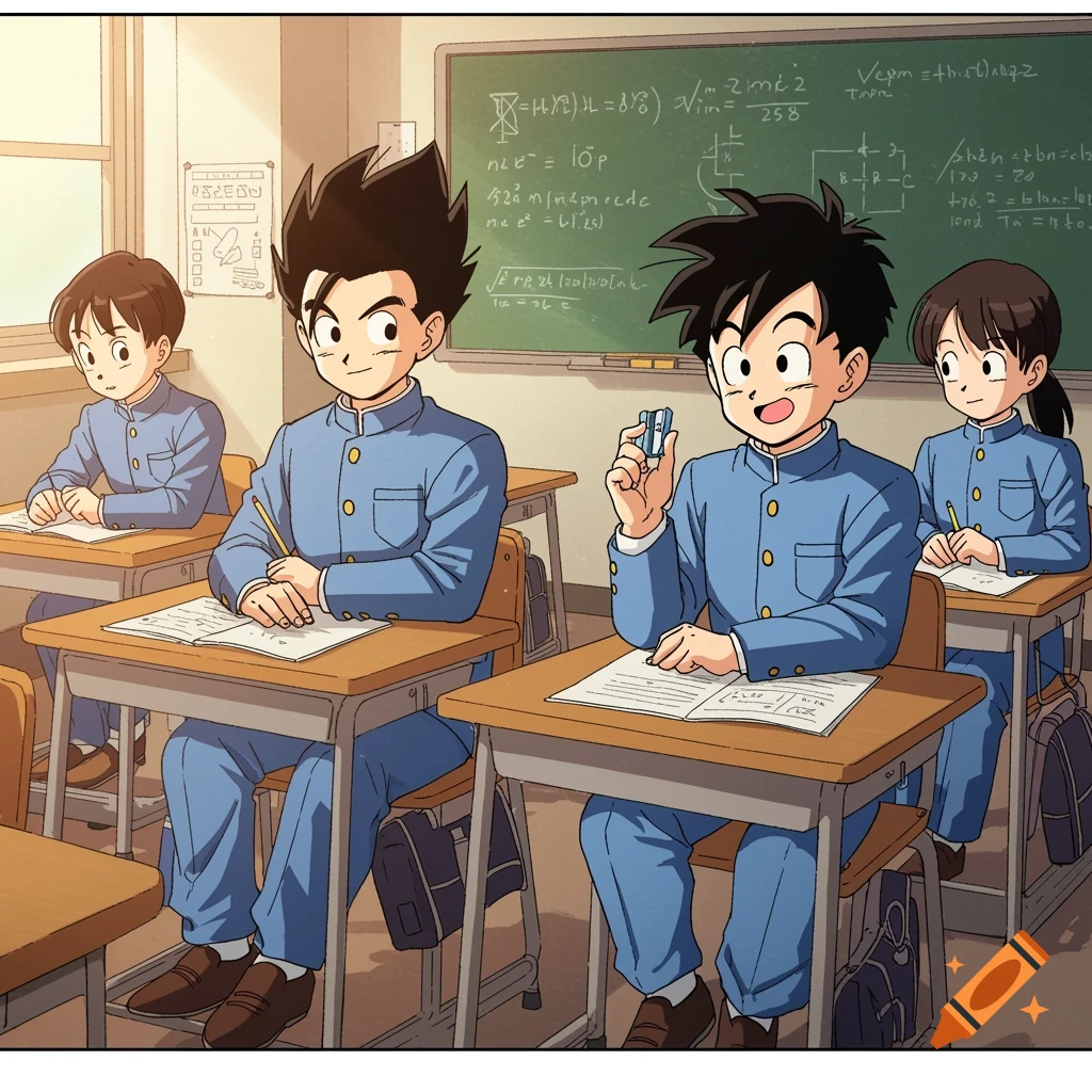 Gohan and Sharpner in a classroom, Dragon Ball anime style on Craiyon
