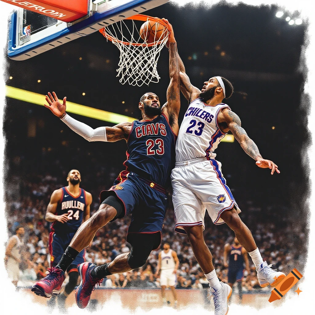 Photorealistic image of one basketball player dunking over another ...