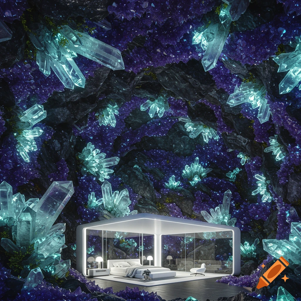 Futuristic bedroom pod inside a cave filled with glowing blue and ...