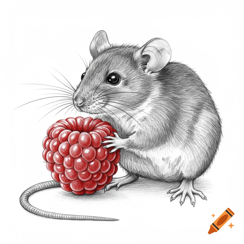 Cute illustrated mouse holding a large raspberry on crumpled white ...