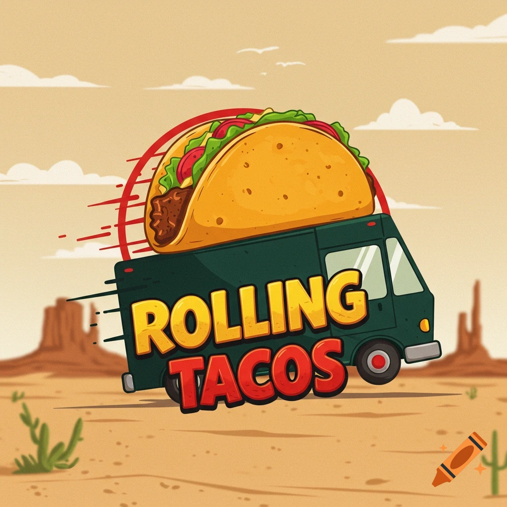 Logo for Tacomania Tacos Food Truck with a smiling cartoon taco. on Craiyon