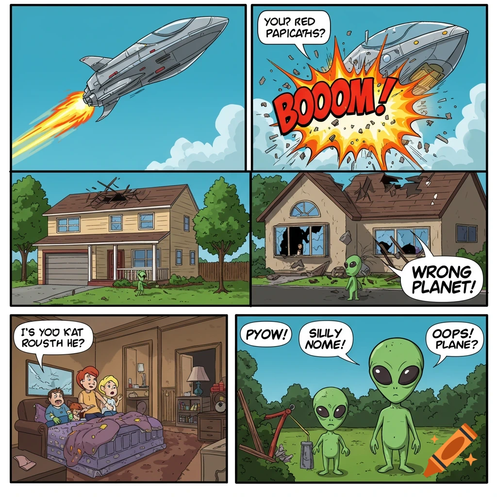 Comic strip of an alien crashing into a house, saying 'oops wrong ...